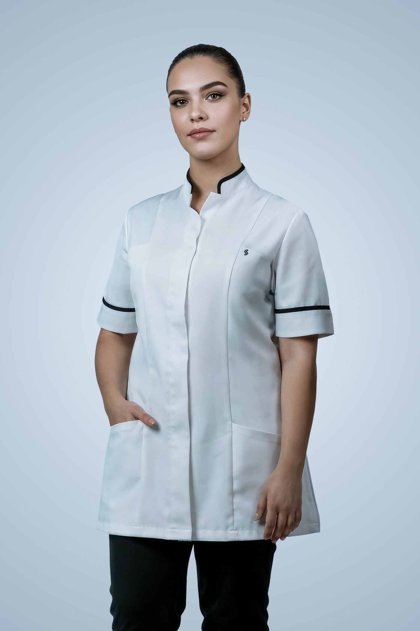 Brockley Mandarin Tunic - White & Navy Blue – My Store